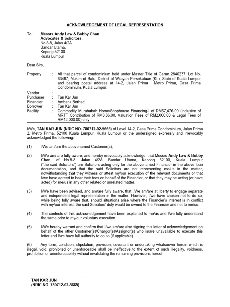 Acknowledgement of Legal Representation (TAN KAR JUN) | PDF | Civil Law ...