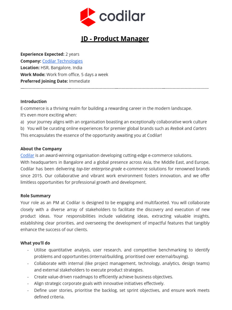 JD For PM - Codilar Technologies | PDF | Scrum (Software Development) | Agile Software Development