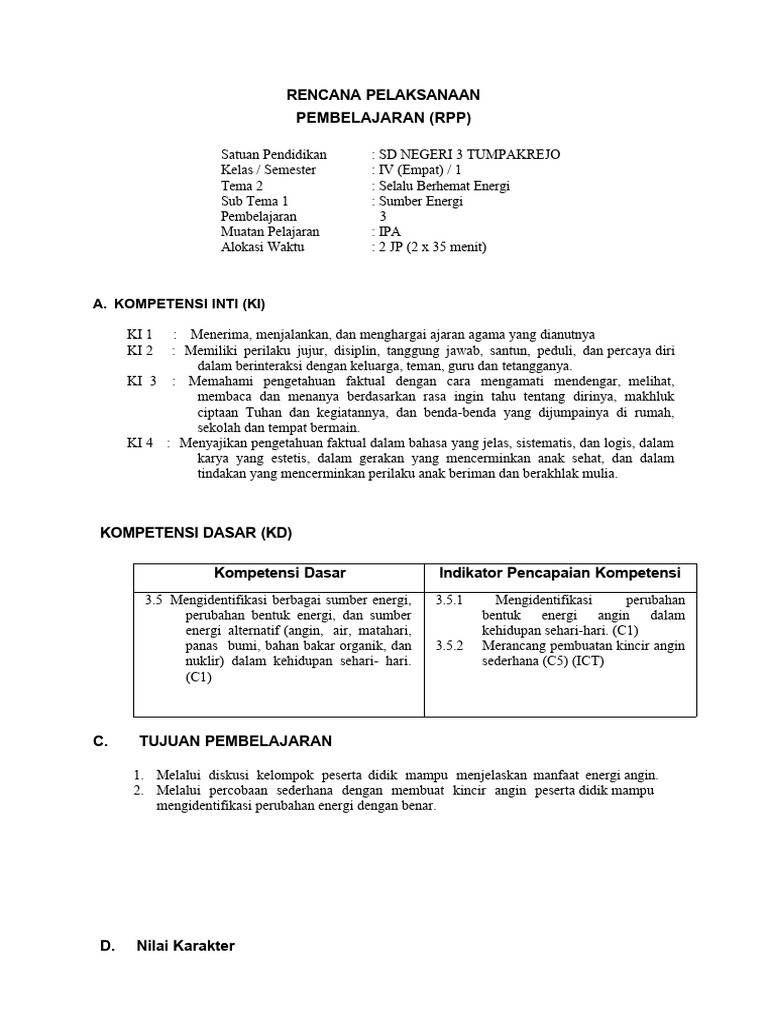 RPP Rusak Ipa Kelas 4 Energi Dan Perubahannya | PDF