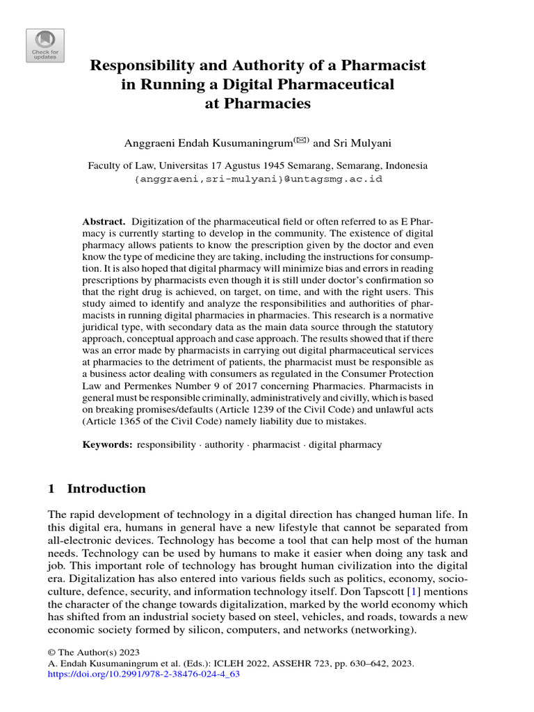 Responsibility and Authority of A Pharmacist in Running A Digital Pharmaceutical at Pharmacies ...