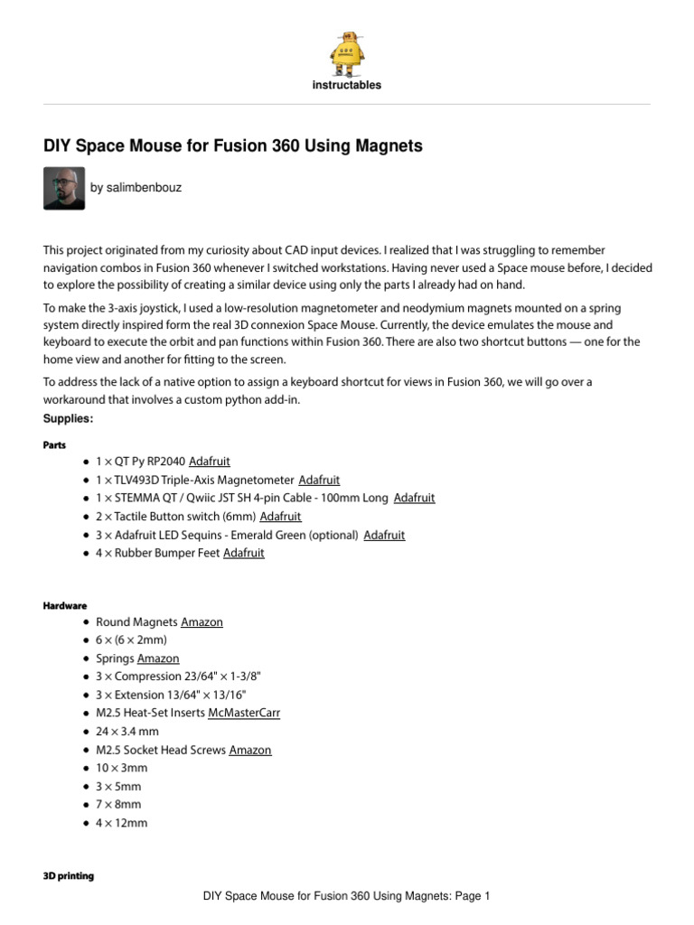 DIY Space Mouse For Fusion 360 Using Magnets | PDF | 3 D Printing | Arduino