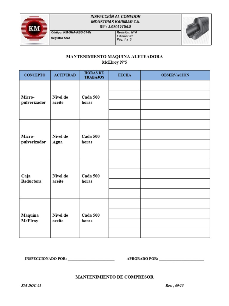 Formato de Mtto Maquina Aleteadora | PDF | Bienes manufacturados | Materiales