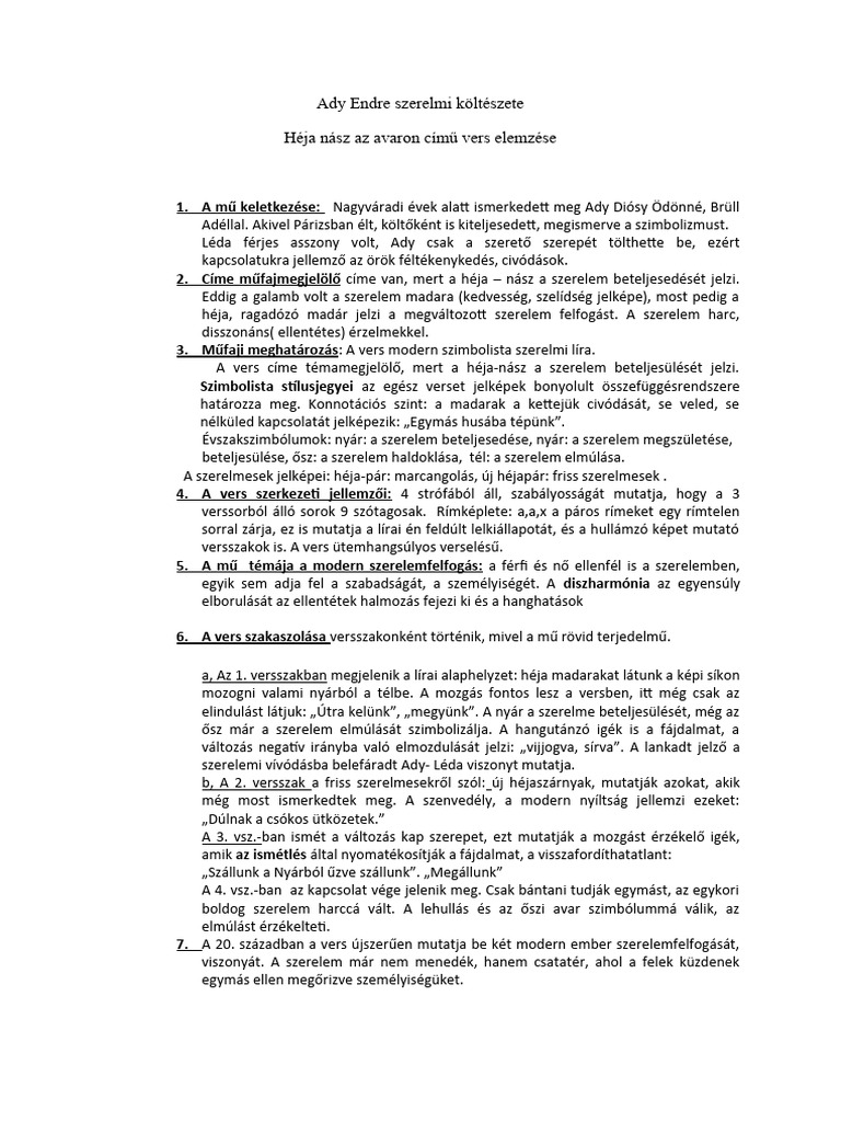 Ady Endre Héja Nász Az Avaron Verselemzés | PDF