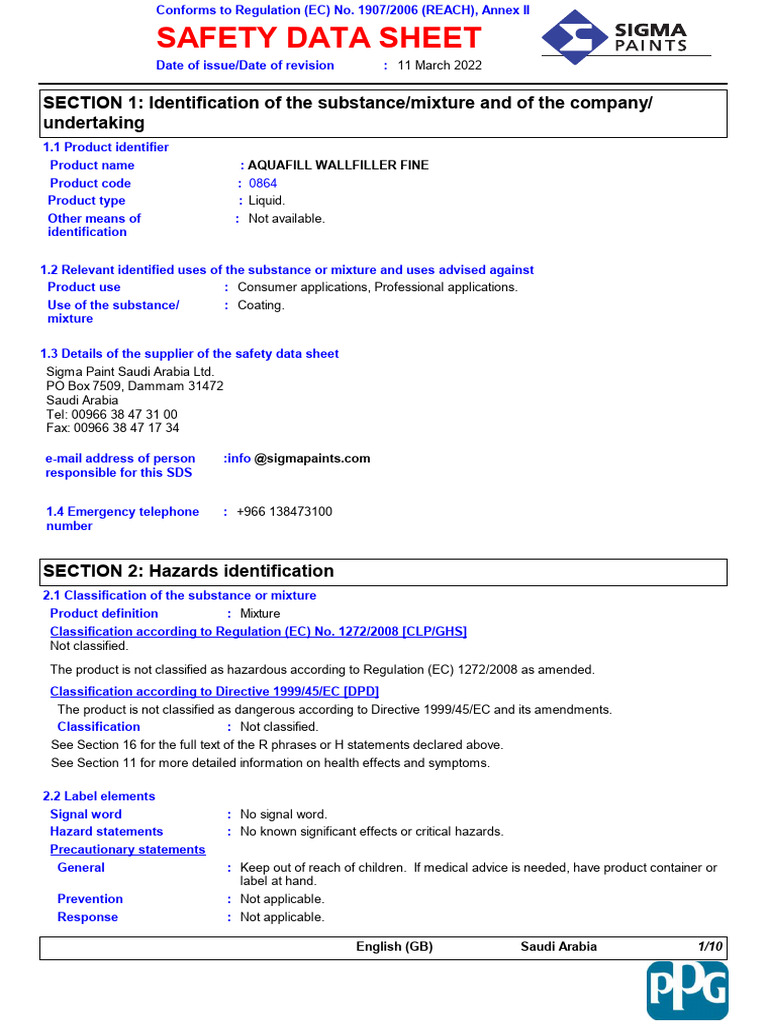 Aquafill Wall Filler Fine Safety Data Sheet | PDF | Chemistry | Working ...
