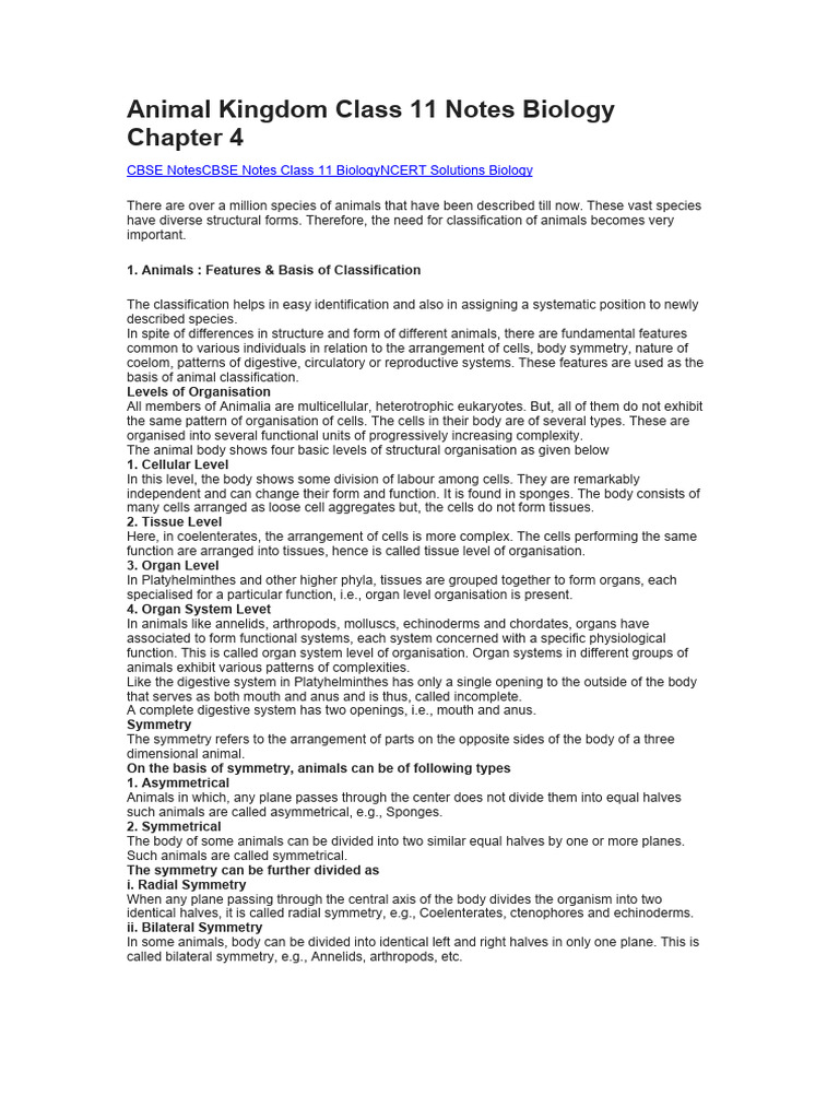 Animal Kingdom Class 11 Notes Biology Chapter 4 | PDF | Sponge | Mollusca