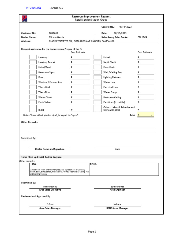 Facilities Improvement Form (Restroom) - M. Garcia 1051612 | PDF ...