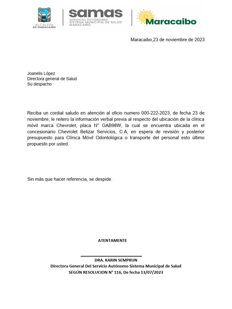 Oficio Dirigido A Direccion General de Salud | PDF
