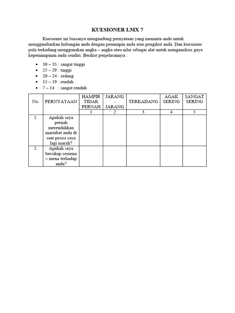 Kuesioner untuk Teori LMX 7 | PDF