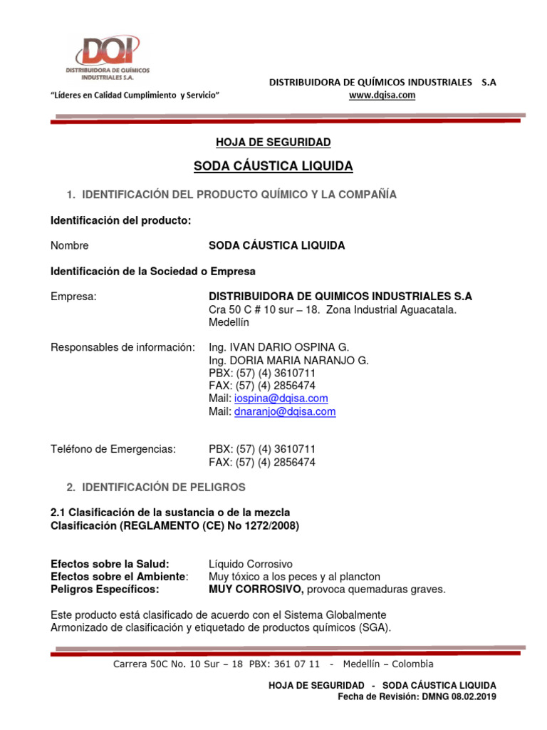 Hoja de Seguridad Soda Caustica | Descargar gratis PDF | Agua | Quemar