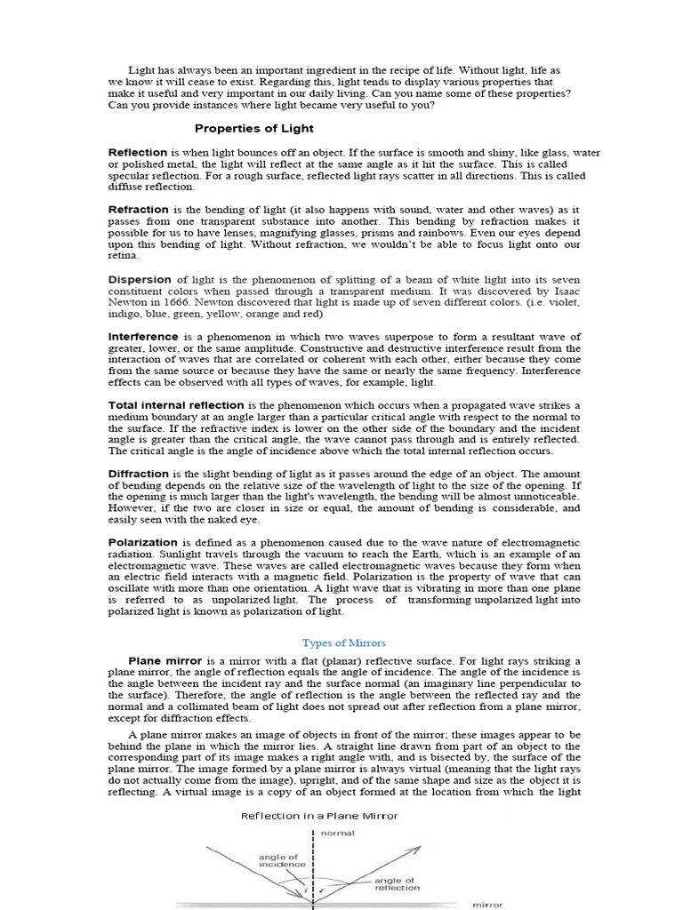 Lecture On Light | PDF | Mirror | Reflection (Physics)