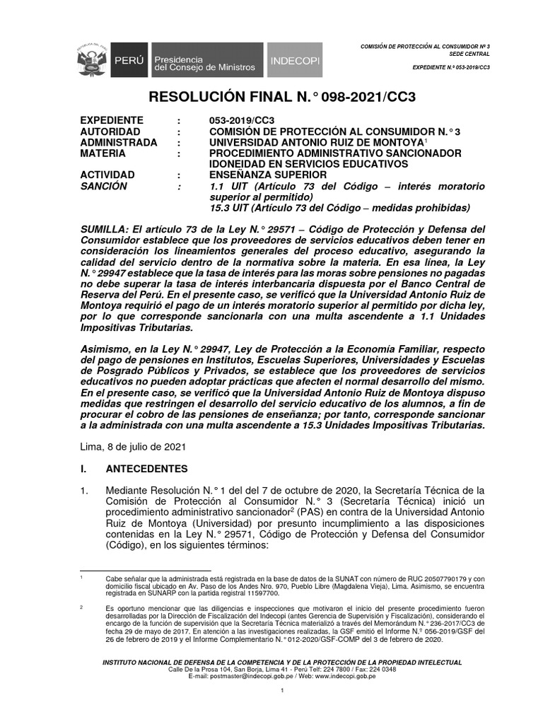 RESOLUCIÓN FINAL N.° 098-2021/CC3: Comisión de Protección Al Consumidor #3 Sede Central ...
