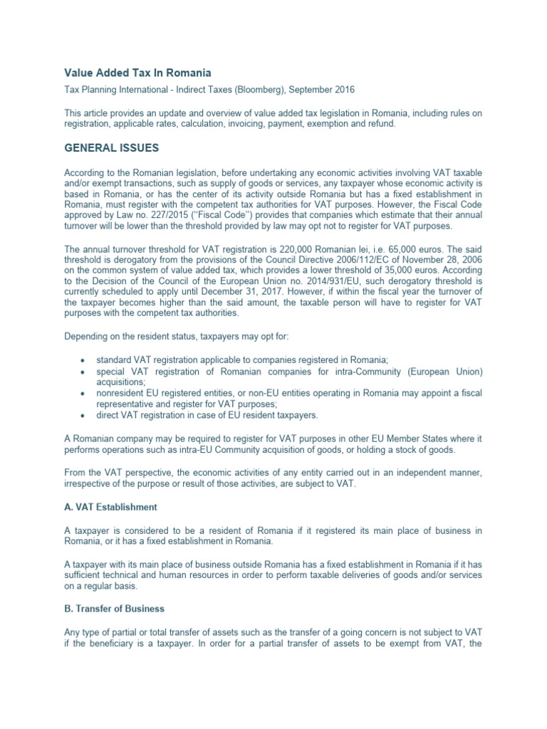 Value Added Tax in Romania VAT TVA | PDF | Value Added Tax | Taxes