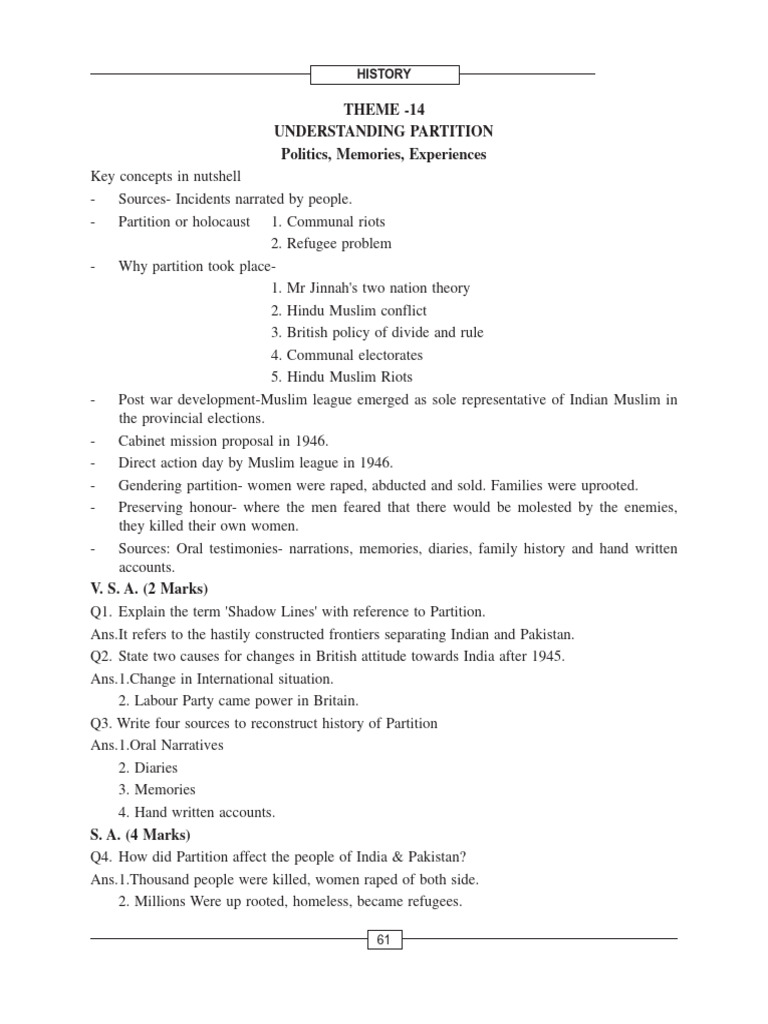 CBSE Class 12 History Understanding Partition Politics Memories ...