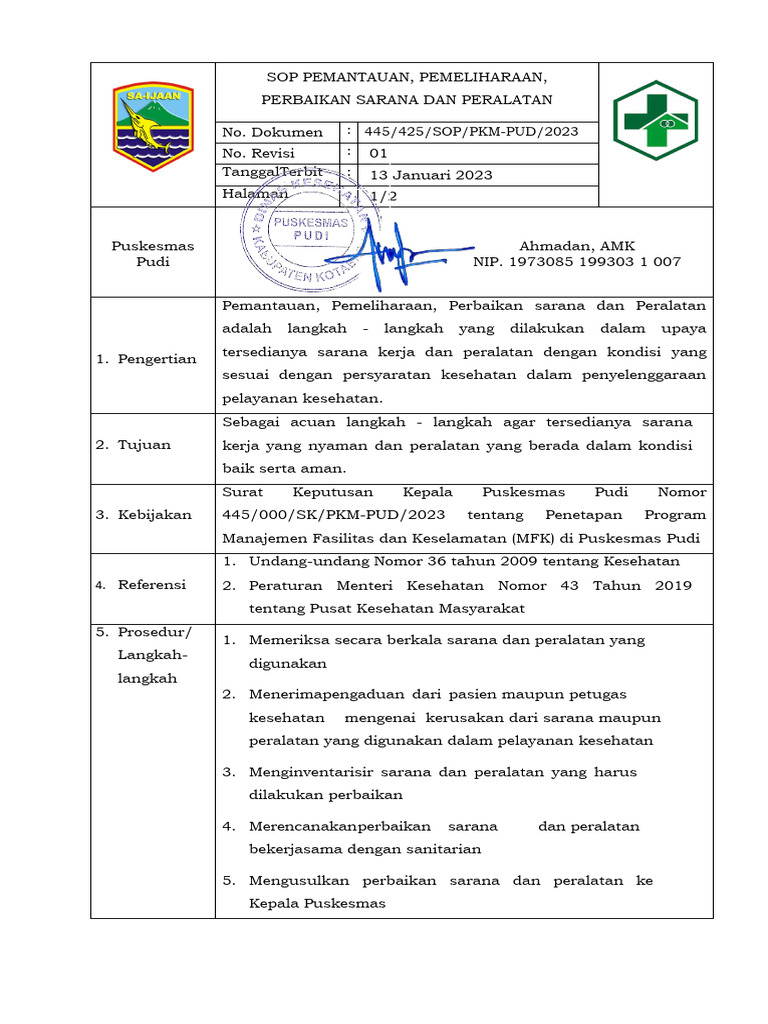 Sop Pemantauan, Pemeliharaan, Perbaikan Sarana Dan Peralatan | PDF