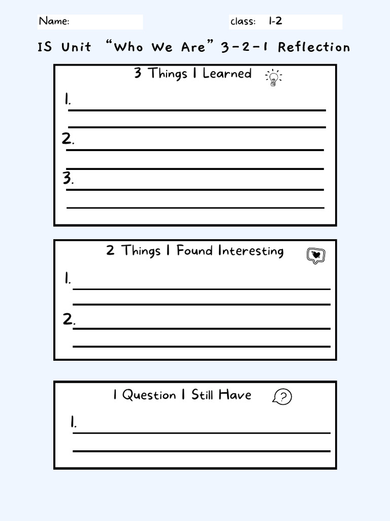 Blue White Simple Minimalist 3-2-1 Reflection English Worksheet | PDF