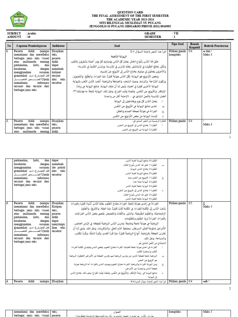 Kartu Soal PAS Arabic 7 2023-2024 | PDF