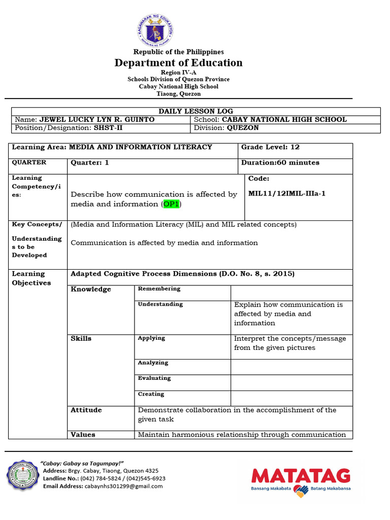 Daily Lesson Log | PDF | Learning | Communication