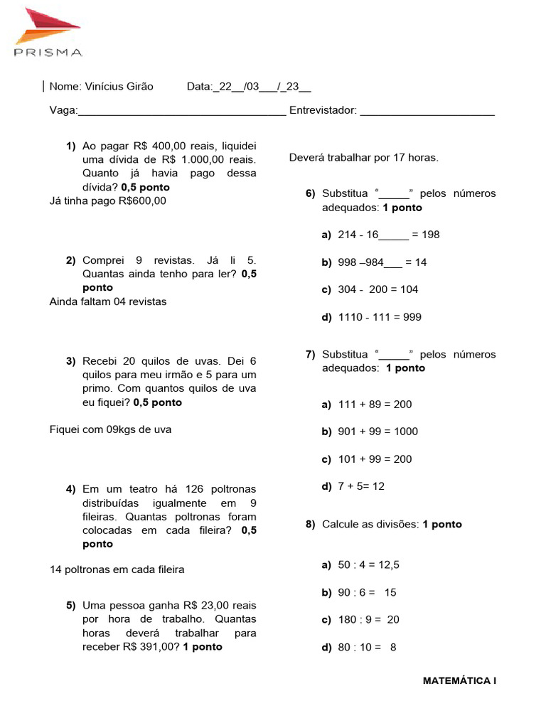 Teste Matemática - Nível I | PDF