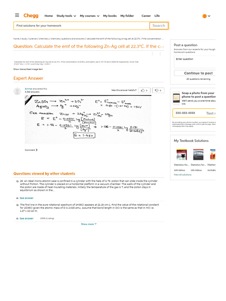 Calculate The Emf Of The Following Zn Ag Cell At 2 Pdf Physical