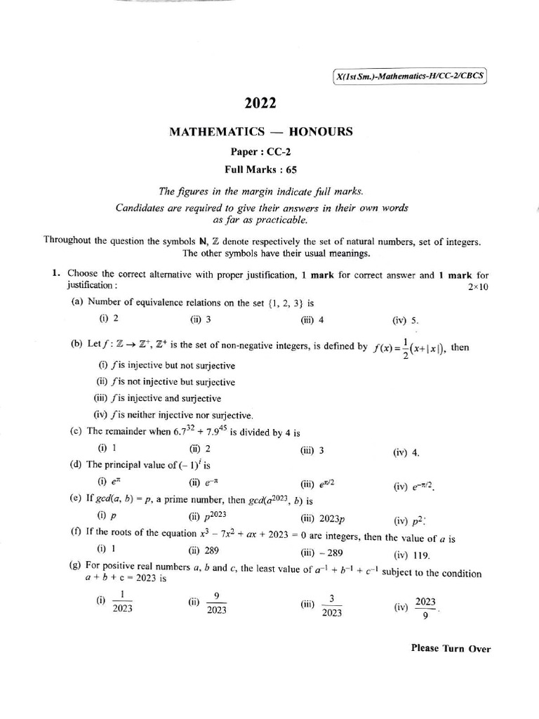 CU-2022 B.sc. (Honours) Mathematics Semester-1 Paper-CC-2 QP | PDF | Algebra | Mathematical Analysis