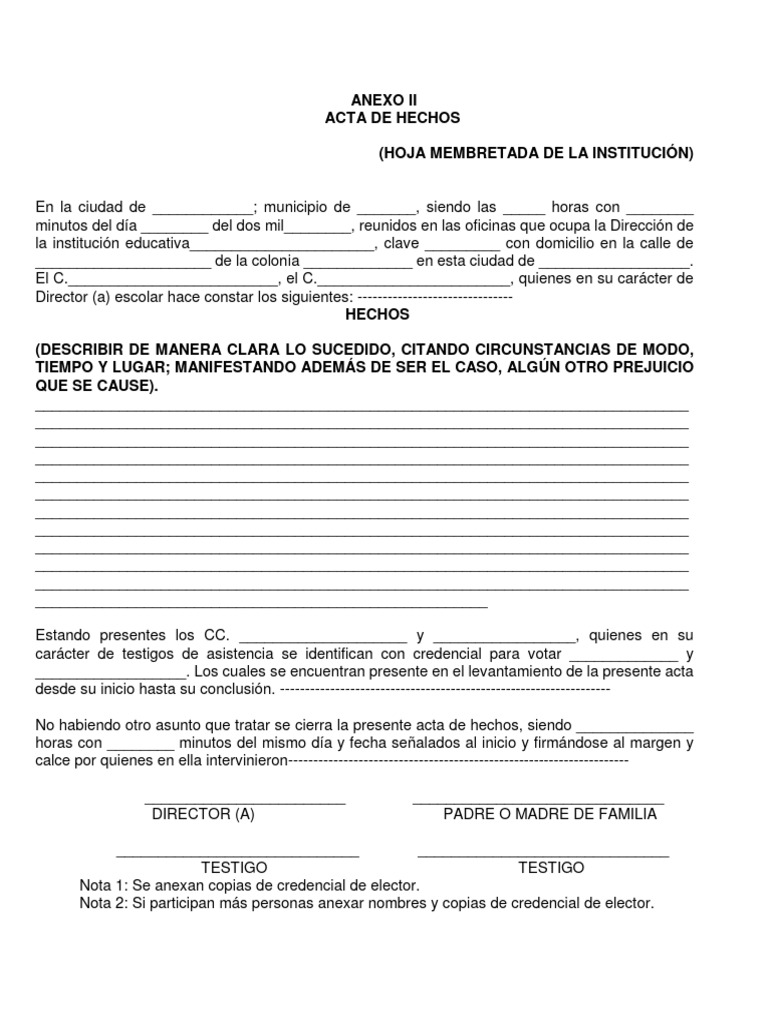 ANEXO II ACTA DE HECHOS PROTOCOLO DE ACTUACIÓN (1) | PDF