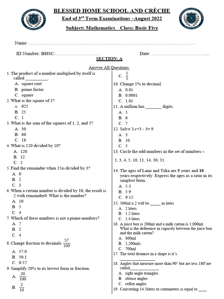 New B5-Math 3rd TERM EXAM DEC | PDF | Euclidean Geometry | Elementary ...