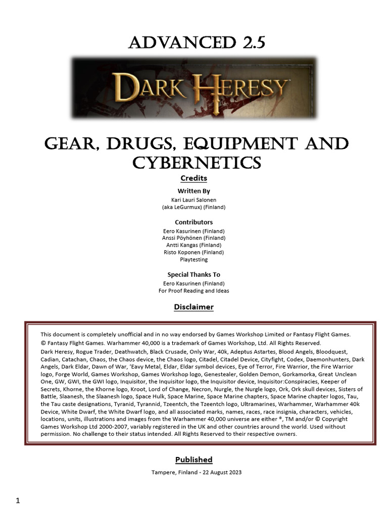 Advanced Dark Heresy - Equipment - Gear - Drugs - Items and Cybernetics ...