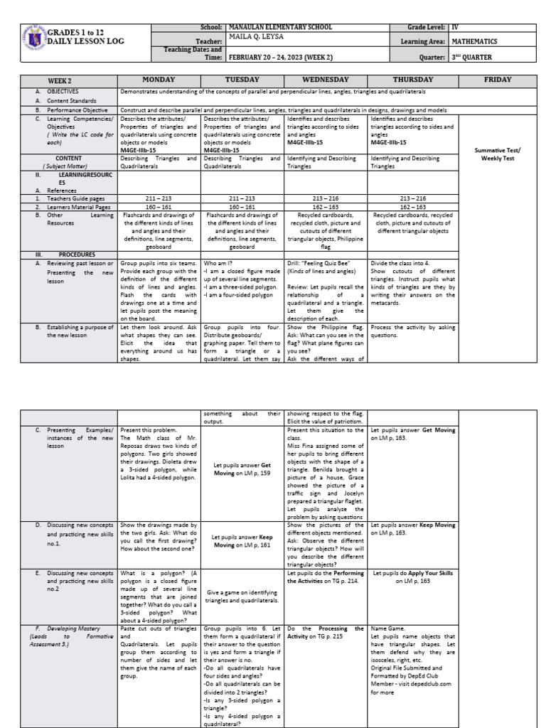 DLL - Mathematics 4 - Q3 - W2 | PDF | Triangle | Shape