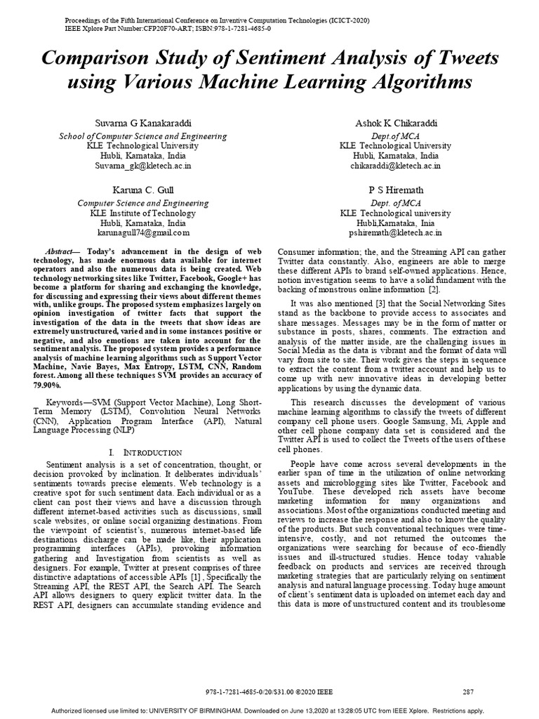 Sentiment Analysis of Tweets: ML Comparison | PDF | Support Vector Machine | Statistical ...