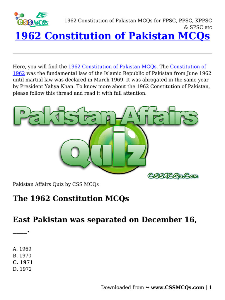1962 Constitution of Pakistan MCQs For FPSC, PPSC, KPPSC & SPSC Etc ...
