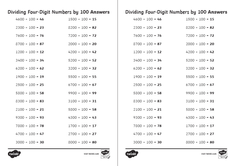Dividing 4 Digit Numbers by 100 Answers | PDF