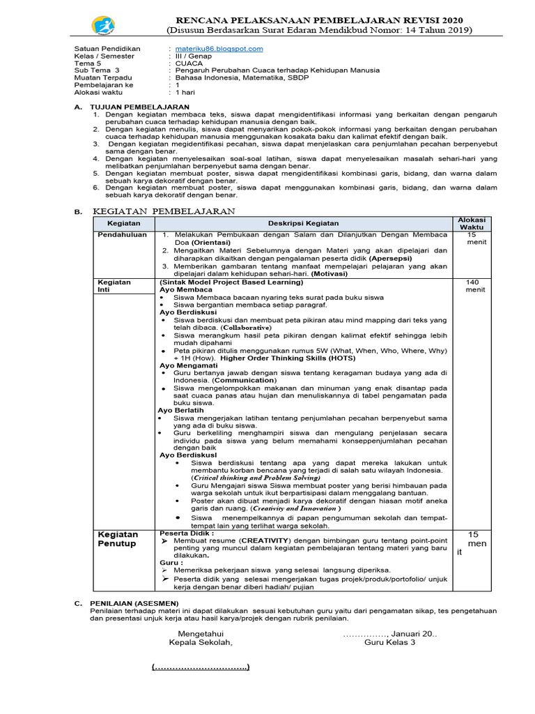 (Materiku86.Blogspot - Com) RPP Kelas 3 Tema 5 Subtema 3 Pembelajaran 1 K13 Revisi 2020 | PDF