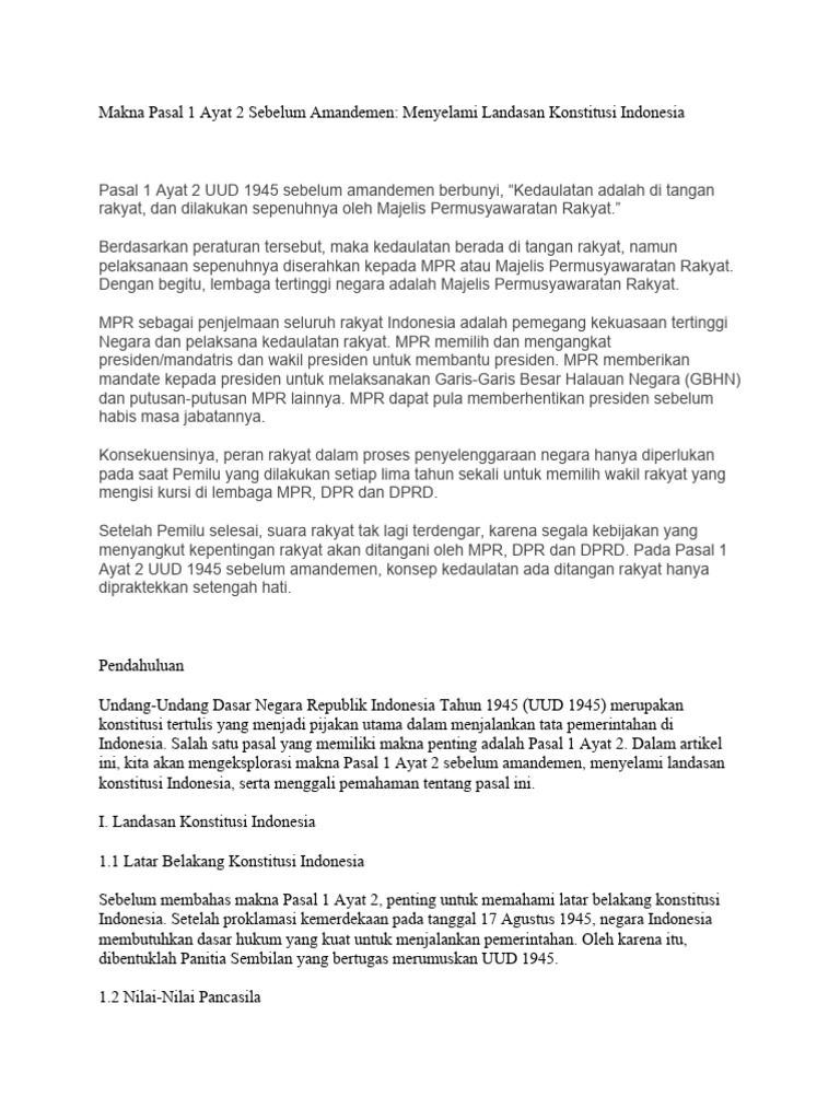 Makna Pasal 1 Ayat 2 UUD 1945 Sebelum Amandemen | PDF | Politik