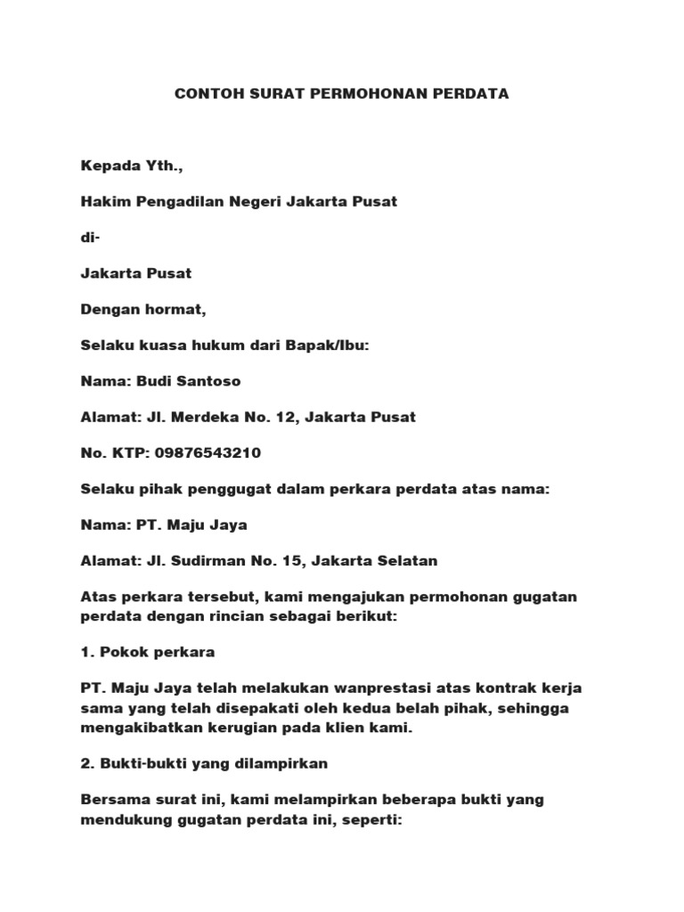 Contoh Surat Permohonan Gugatan Perdata | PDF