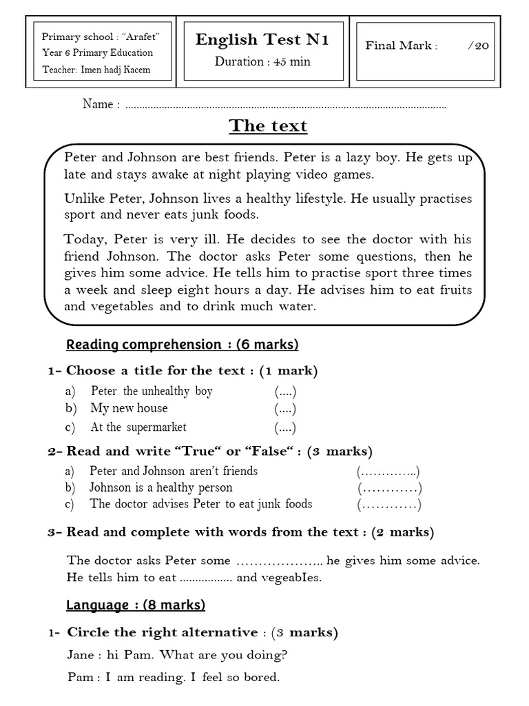 Year 6 English Test: Reading & Writing | PDF