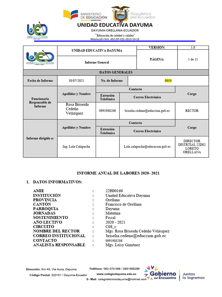 Informe Anual 2020-2021 Unidad Educativa Dayuma | PDF | Ciencias sociales