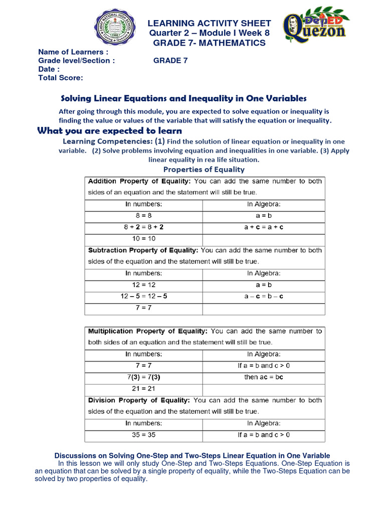 ACTIVITY SHEET GRADE 7 2nd Quarter | PDF | Equations | Inequality ...
