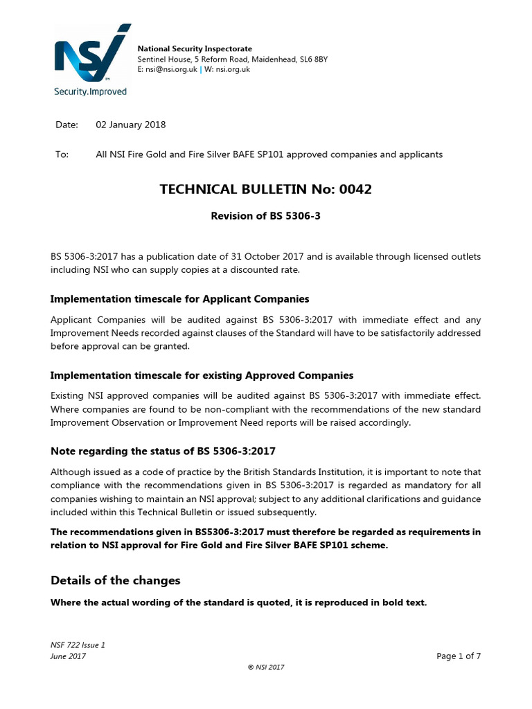 NSI Technical Bulletin No 0042 Revision of BS 5306-3 | PDF | Safety