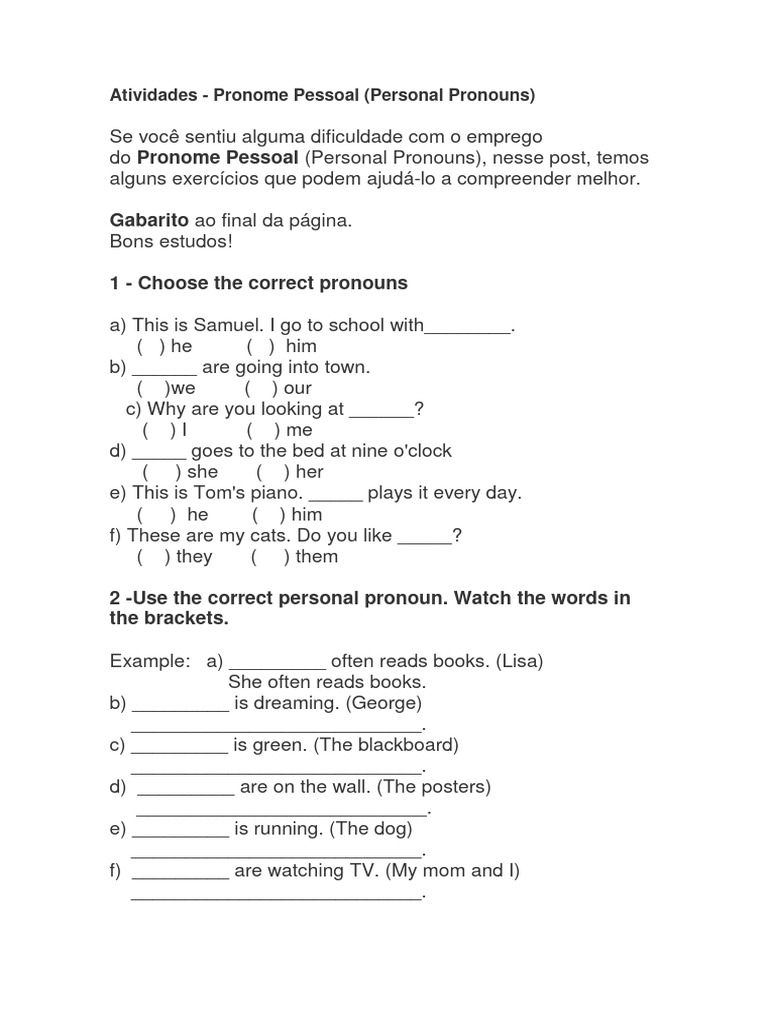 Personal Pronouns Exercises for Beginners | PDF | Linguistics | Syntax