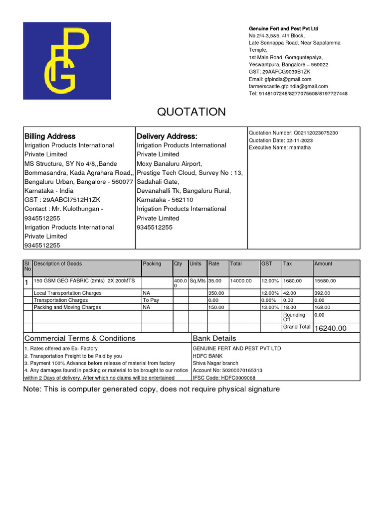 Quotation: Billing Address Delivery Address | PDF | Bangalore | Government