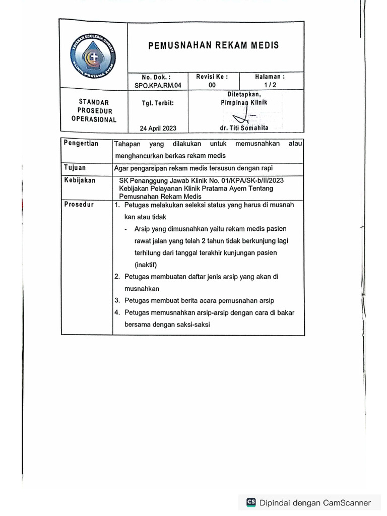 SPO Pemusnahan Rekam Medis | PDF