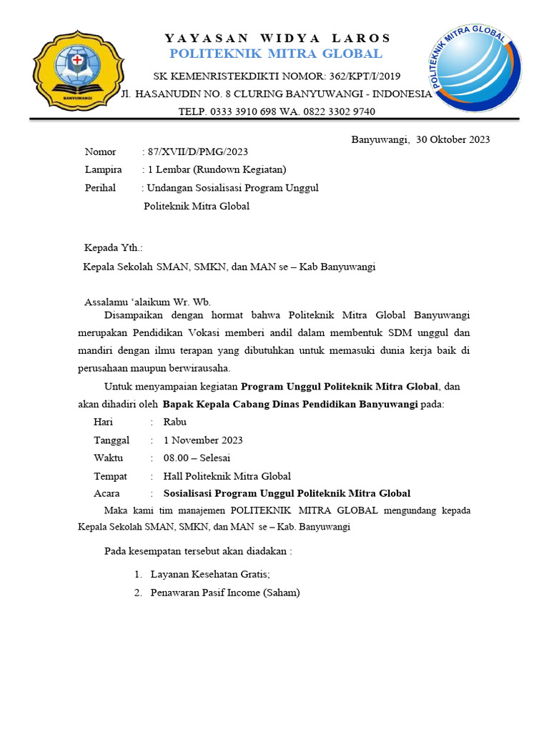 Surat Undangan Sekolah Negeri Sosialisasi Program Unggul Politeknik ...