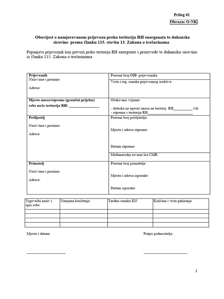 Prilog 61 - Obrazac O-NK 10.10.2023 | PDF