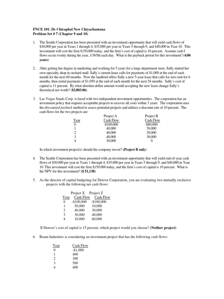 Investment Analysis Problem Set FNCE 101 | PDF | Internal Rate Of ...