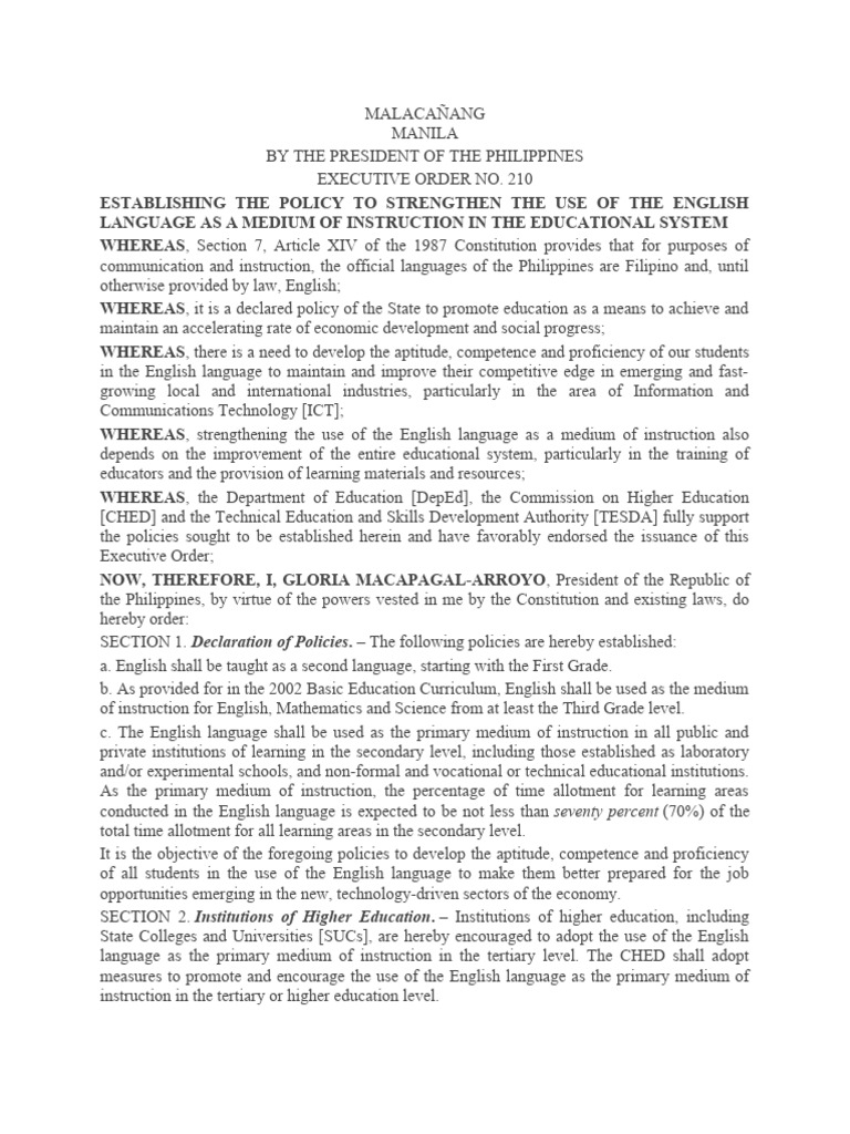 Executive Order No - 210 | PDF | President Of The Philippines | World Politics