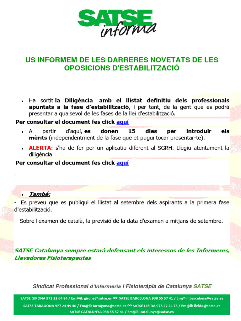 SATSE INFORMA FASE ESTABILITZACIó MERITS | PDF