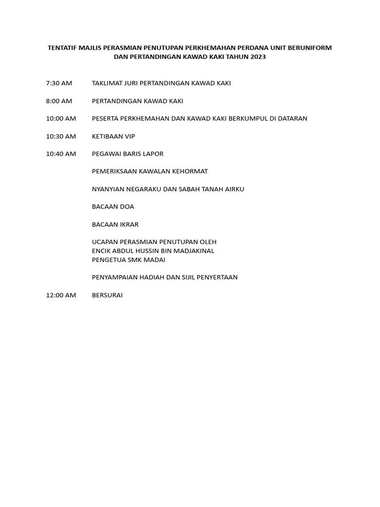 Tentatif Majlis Perasmian Penutupan Perkhemahan Perdana Unit Beruniform ...