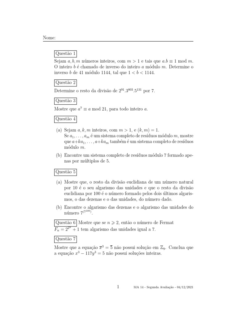 Questões de Matemática Modular e Divisão | PDF | Números | Teoria dos ...