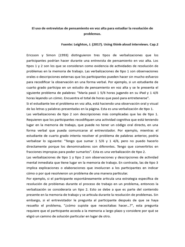 Leighton, J. Pensamiento en Voz Alta. Resumen | PDF | Pensamiento | Memoria