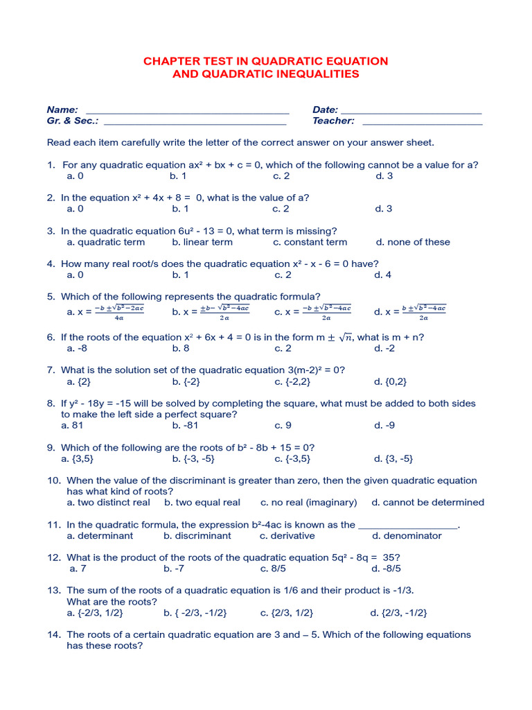 Chapter Test For Quadratic Equation and Inequality 1 | PDF | Quadratic ...